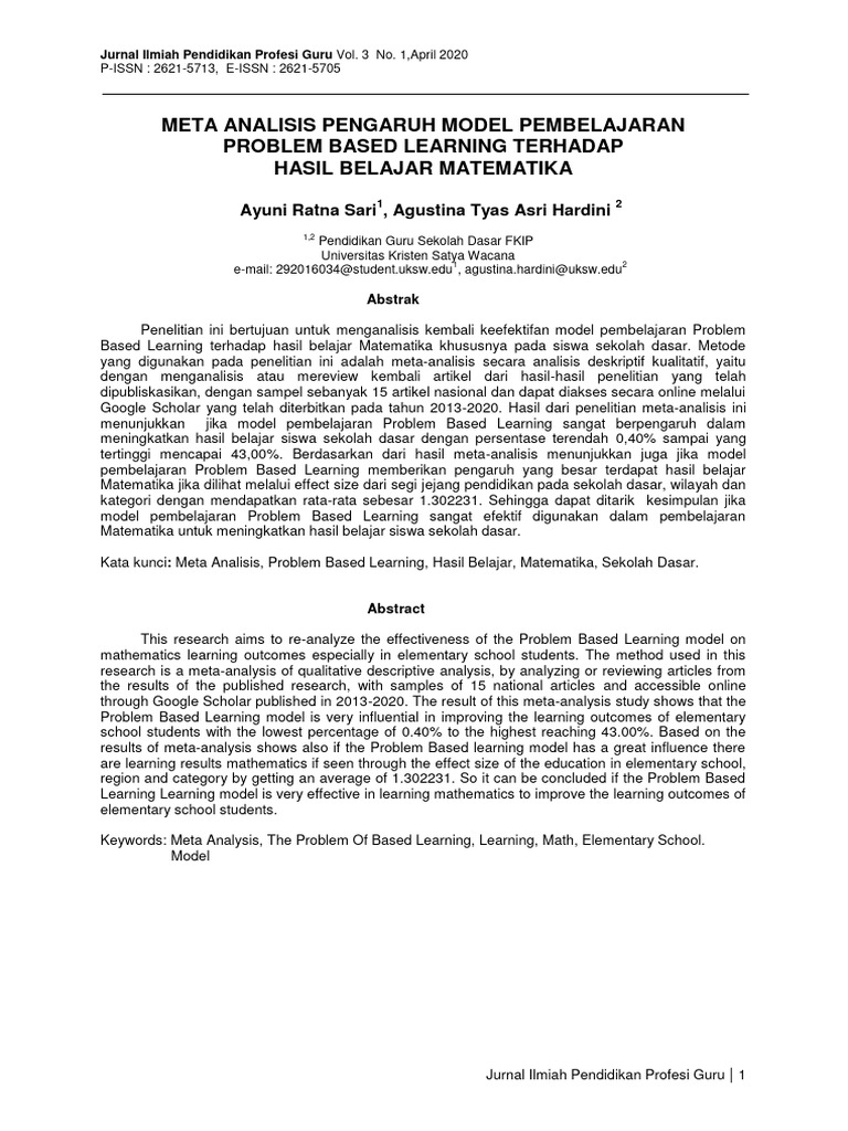 Meta Analisis Pengaruh Model Pembelajaran Problem Based Learning Terhadap Hasil Belajar ...