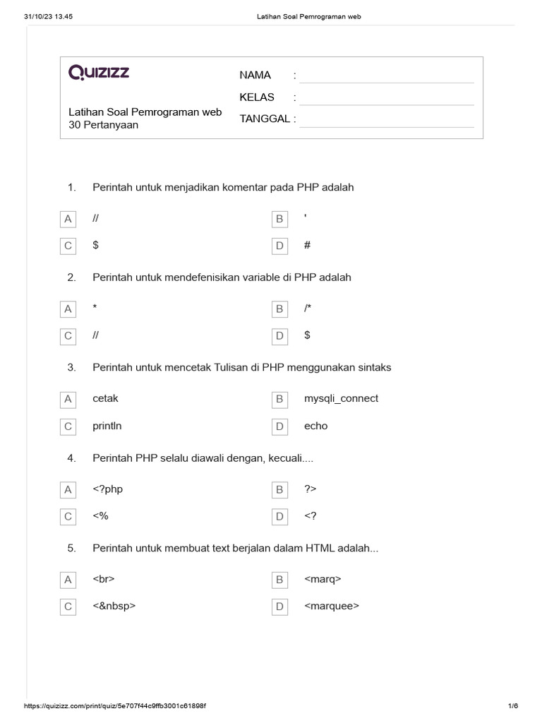 Latihan Soal Pemrograman Web | PDF