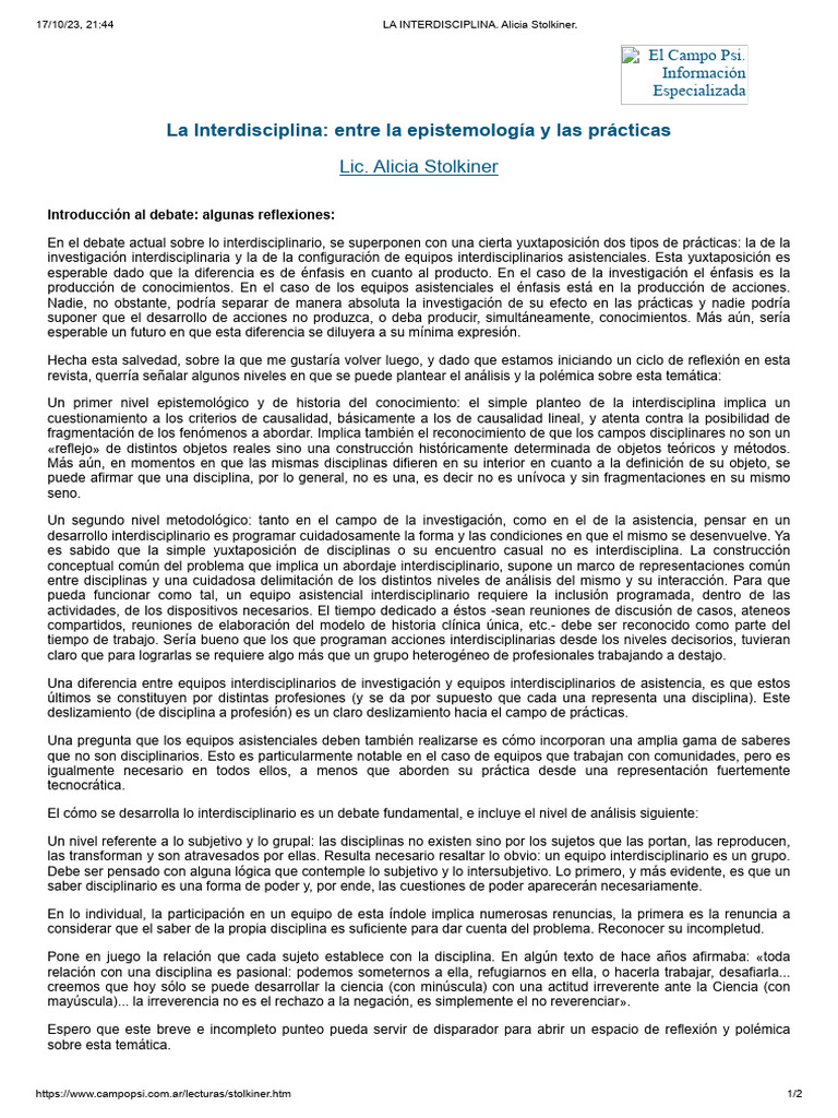 LA INTERDISCIPLINA. Alicia Stolkiner | PDF | Interdisciplinariedad ...