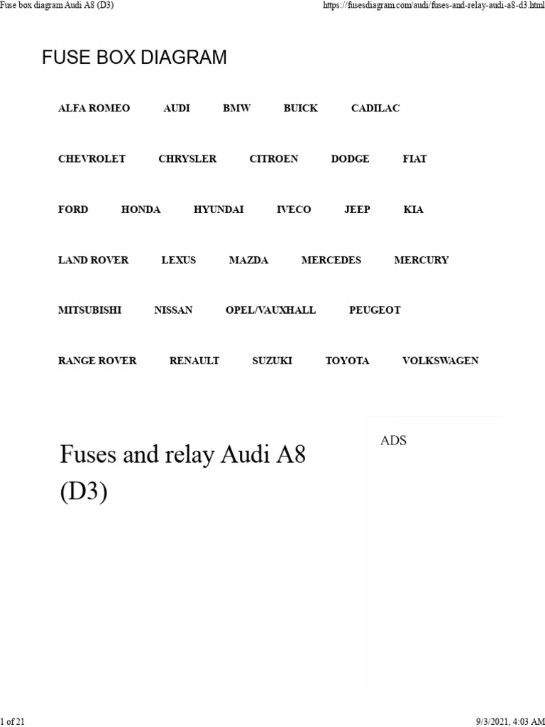 Fuse Box Diagram Audi A8 (D3) | PDF | Automotive Technologies ...
