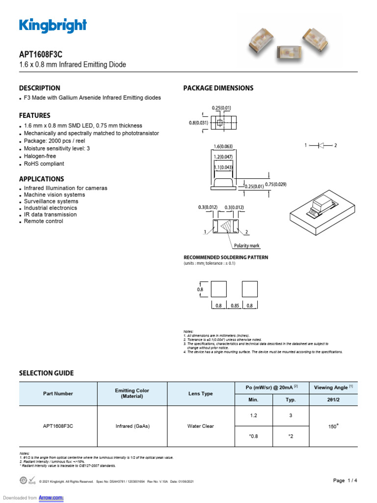 APT1608F3C: 1.6 X 0.8 MM Infrared Emitting Diode | PDF | Infrared | Electrical Engineering