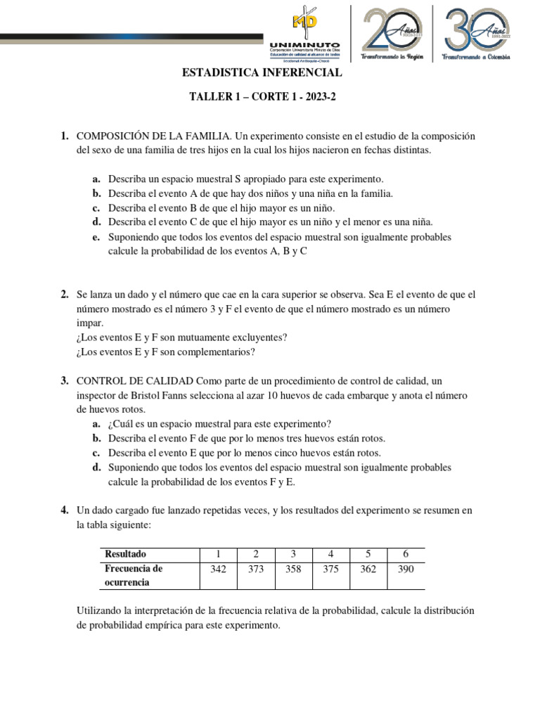Taller 1 - Estadística Inferencial - 2023-2 | PDF | Probabilidad