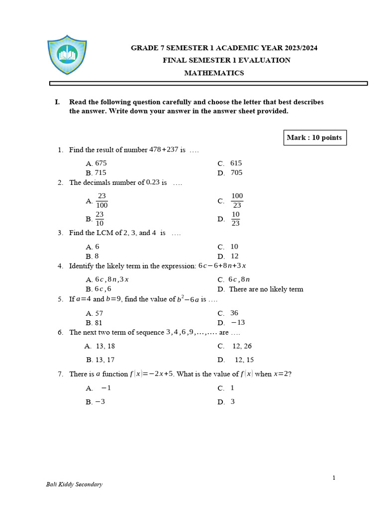 Math PAS Semester 1 | PDF | Applied Mathematics | Arithmetic