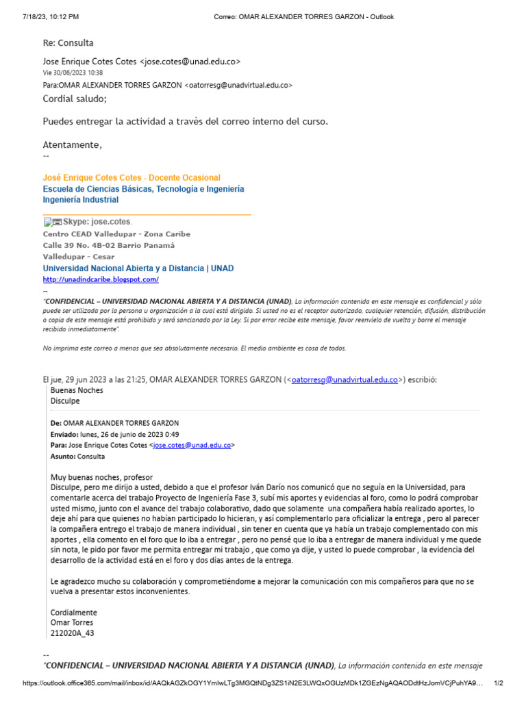 Correo - OMAR ALEXANDER TORRES GARZON - Outlook | PDF