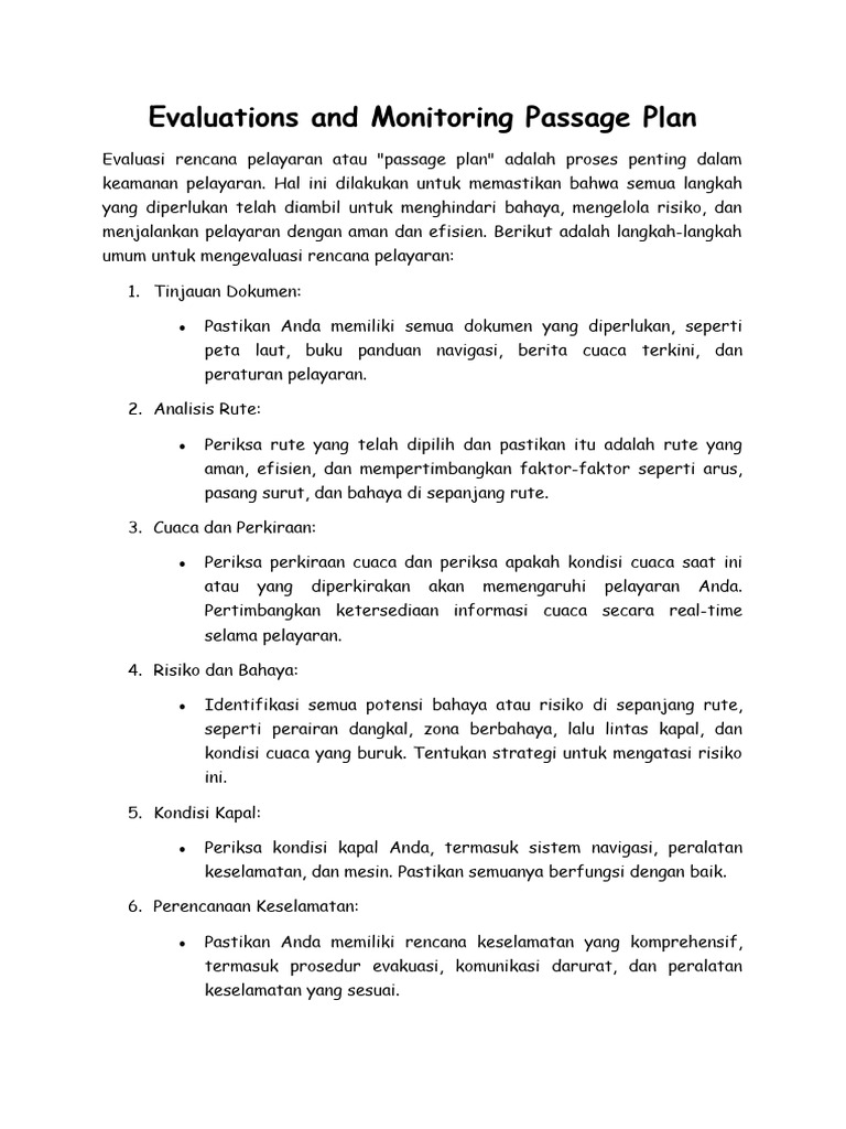 Evaluations and Monitoring Passage Plan | PDF