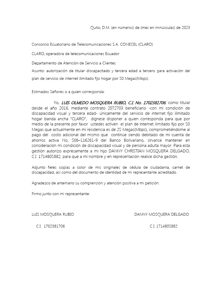 Carta Autorizacion Simple Activacion Plan Internet Fijo Claro 50 Megas ...