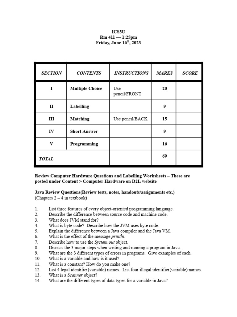 ICS3U - Exam Review - June 2023 | PDF | Java (Programming Language) | Java Virtual Machine