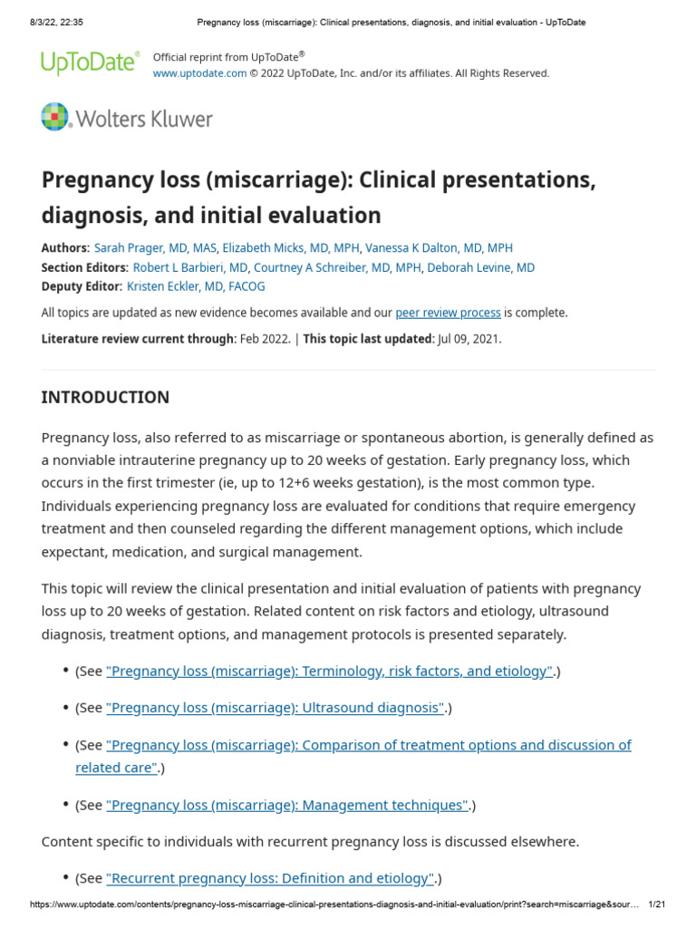 Pregnancy Loss (Miscarriage) - Clinical Presentations, Diagnosis, and ...