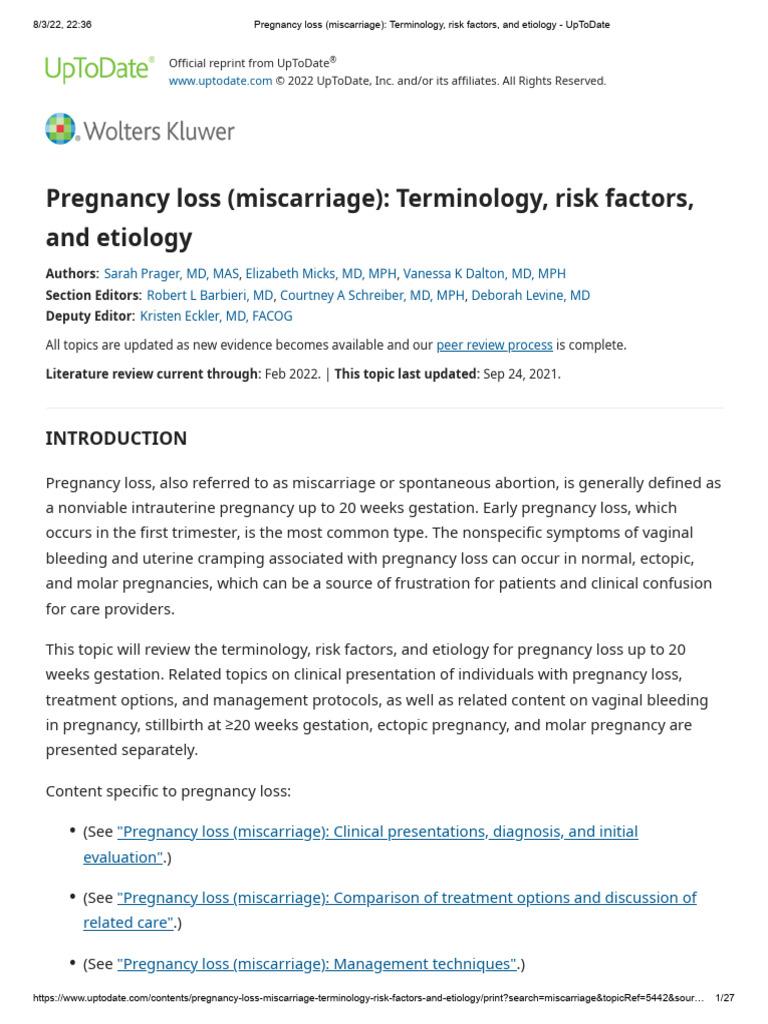 Pregnancy loss (miscarriage)_ Terminology, risk factors, and etiology ...