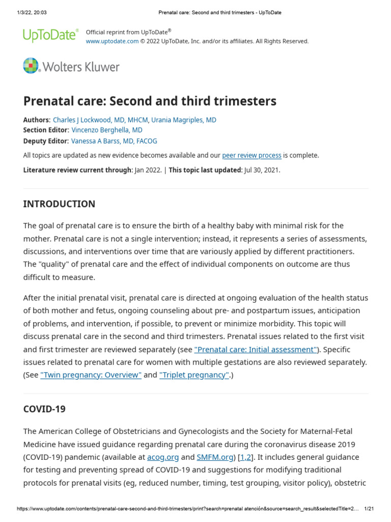 Prenatal Care - Second and Third Trimesters - UpToDate | PDF | Pregnancy | Prenatal Development