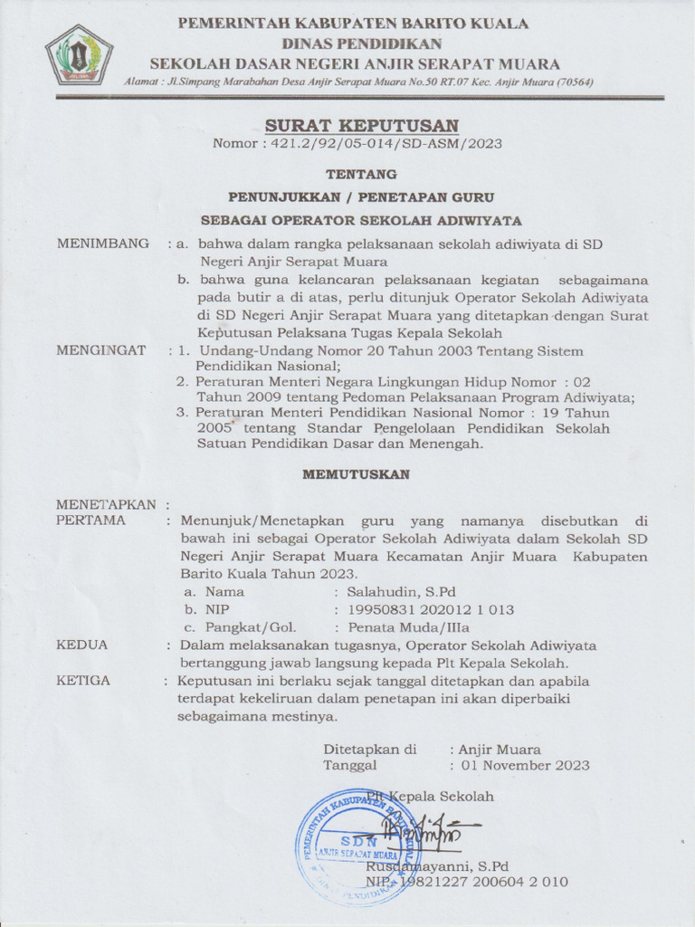 SK Operator Adiwiyata SDN Asm | PDF