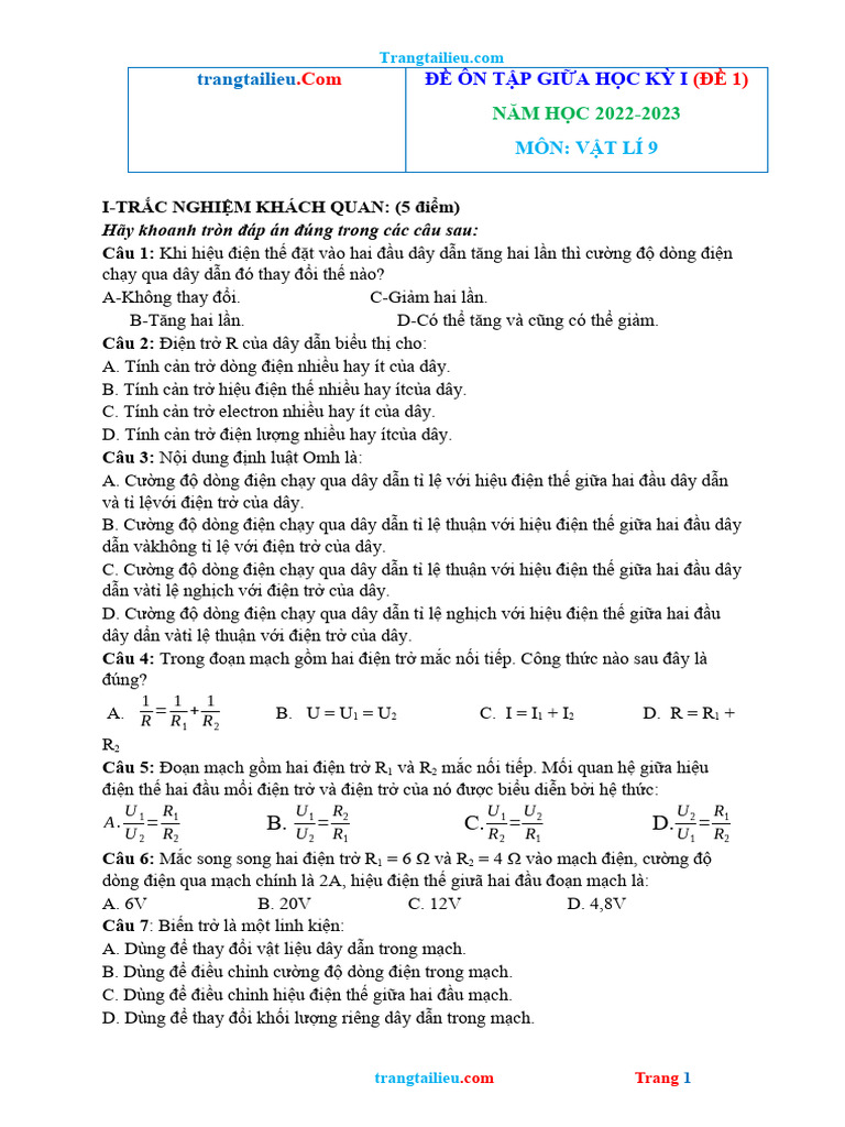 ĐỀ LÝ 9 HK1 | PDF