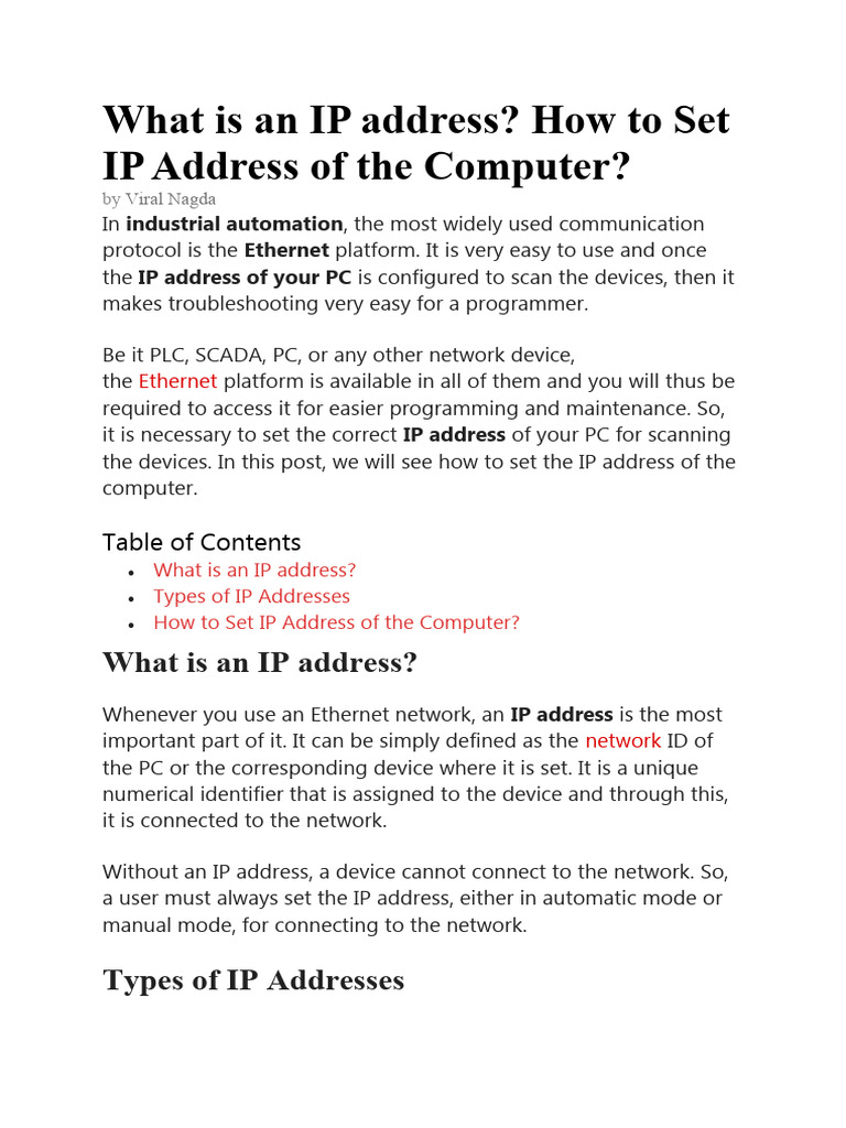 IP Address & To Set IP Address of The Computer | PDF | Ip Address | Computer Network