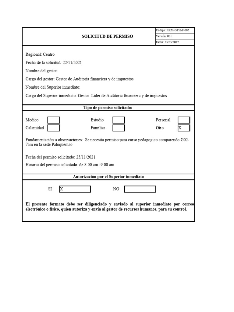 Solicitud de Permiso en Excel | PDF