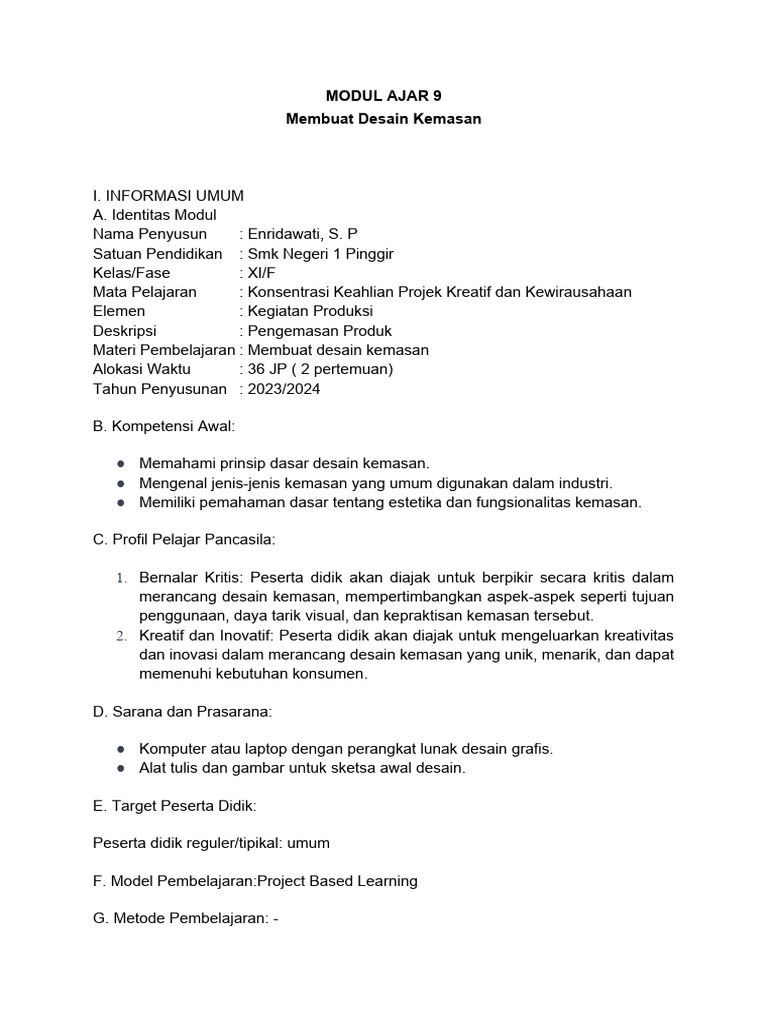 Modul Ajar 9 Membuat Desain Kemasan | PDF