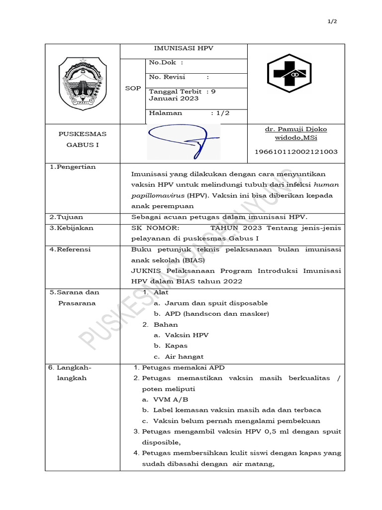 19. Sop Imunisasi Hpv | PDF