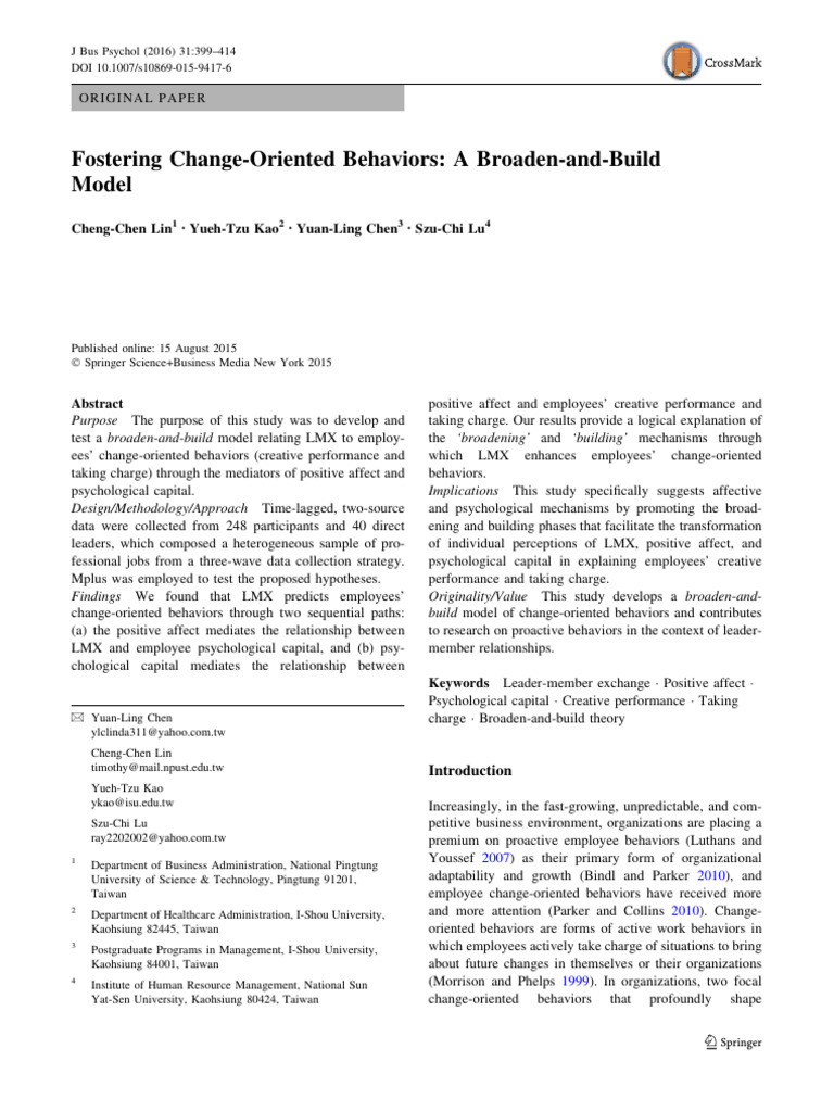 Fostering Change Oriented Behaviors A Broaden and Build Model | PDF | Affect (Psychology ...