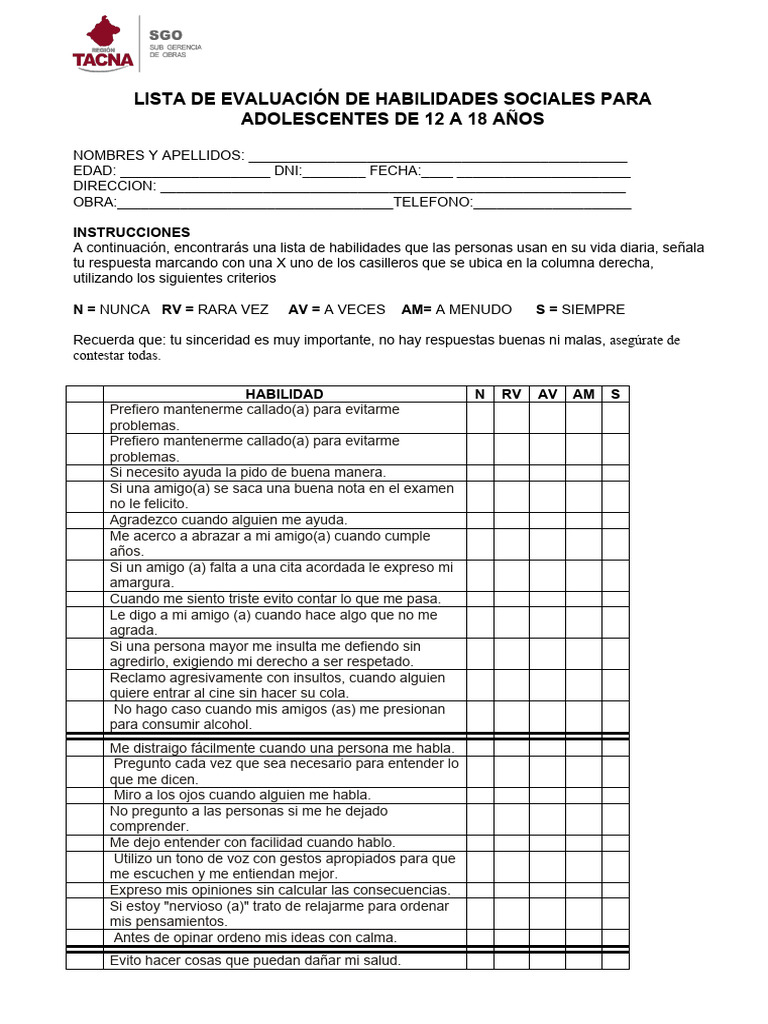 Lista de Evaluación de Habilidades Sociales | PDF | Ciencias sociales