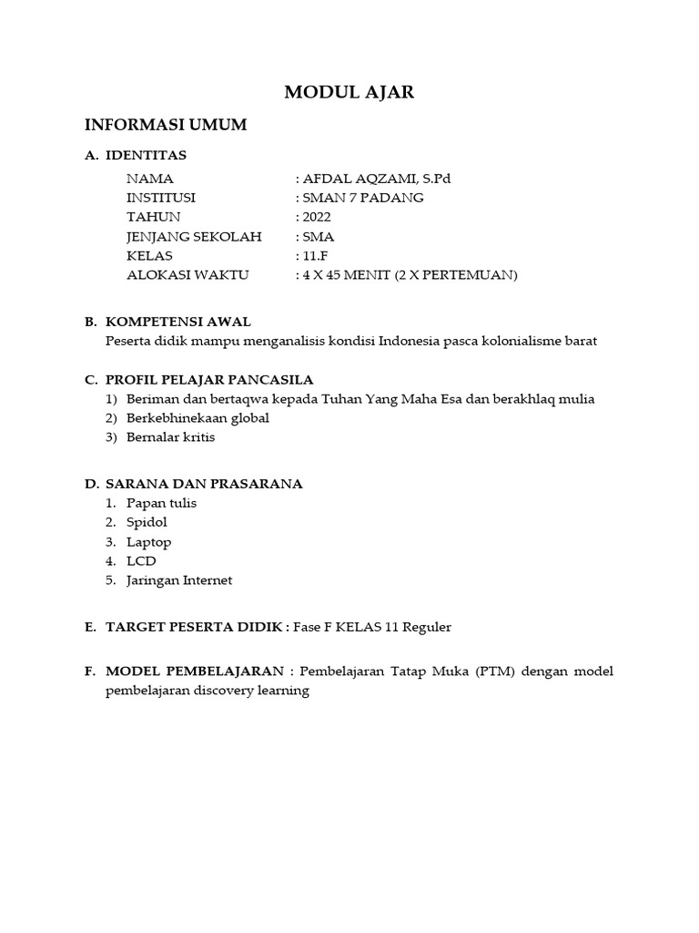 MODUL AJAR 2 SEJARAH FASE F (Comp) | PDF