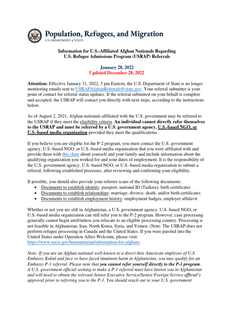 Information For U.S. Affiliated Afghan Nationals | PDF | Refugee ...