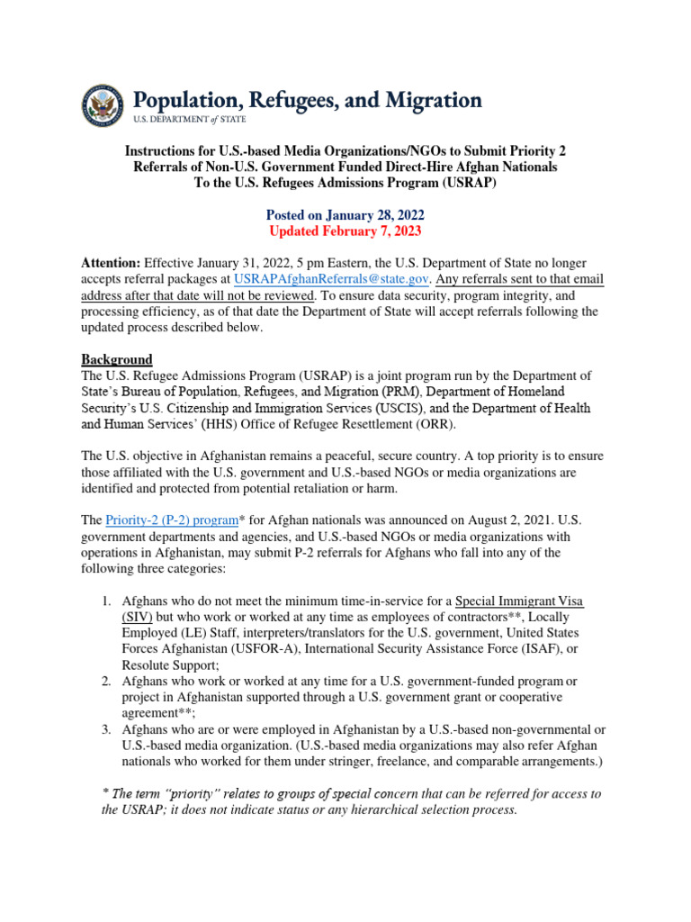 Instructions For U.S.-based Media & U.S.-based NGOs Afghan P2 Referrals | PDF | Identity ...