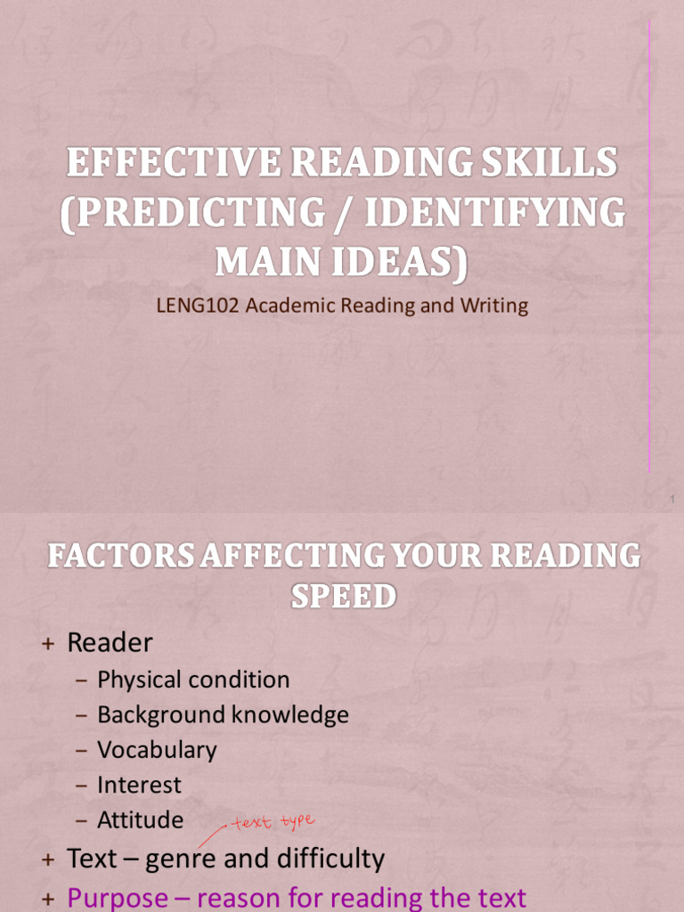Lecture 3 Effective Reading Skills (Predicting Identifying Main Ideas ...