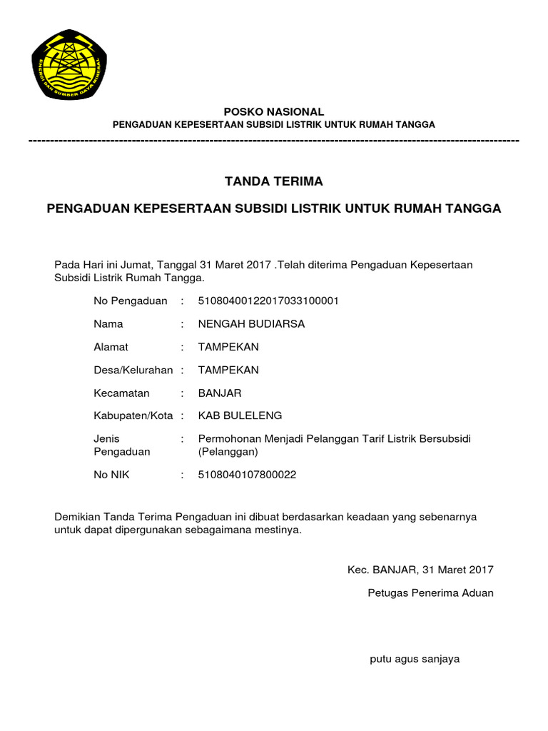 Formulir Pengaduan Subsidi Listrik | PDF