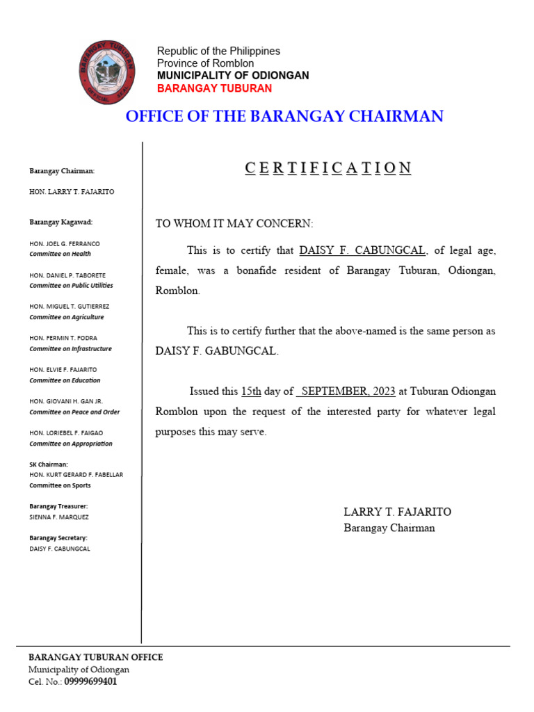 Brgy Cert Same Person | PDF