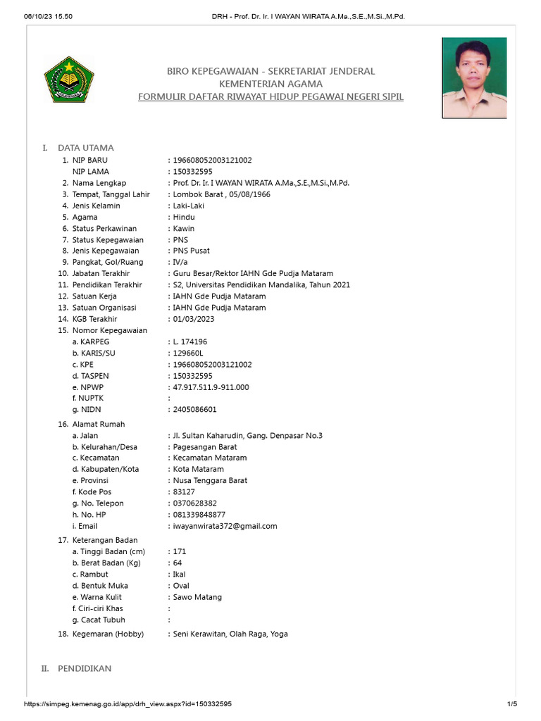 Profil Prof. Dr. I Wayan Wirata | PDF