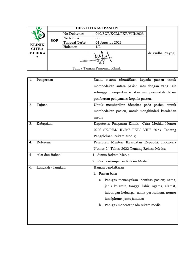PKP 12.1 Sop Identifikasi Pasien | PDF | Pengembangan Diri | Sains & Matematika