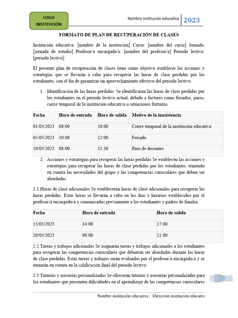 Modelo de Plan de Recuperación de Clases en Word | PDF | Aprendizaje | Modificación de ...