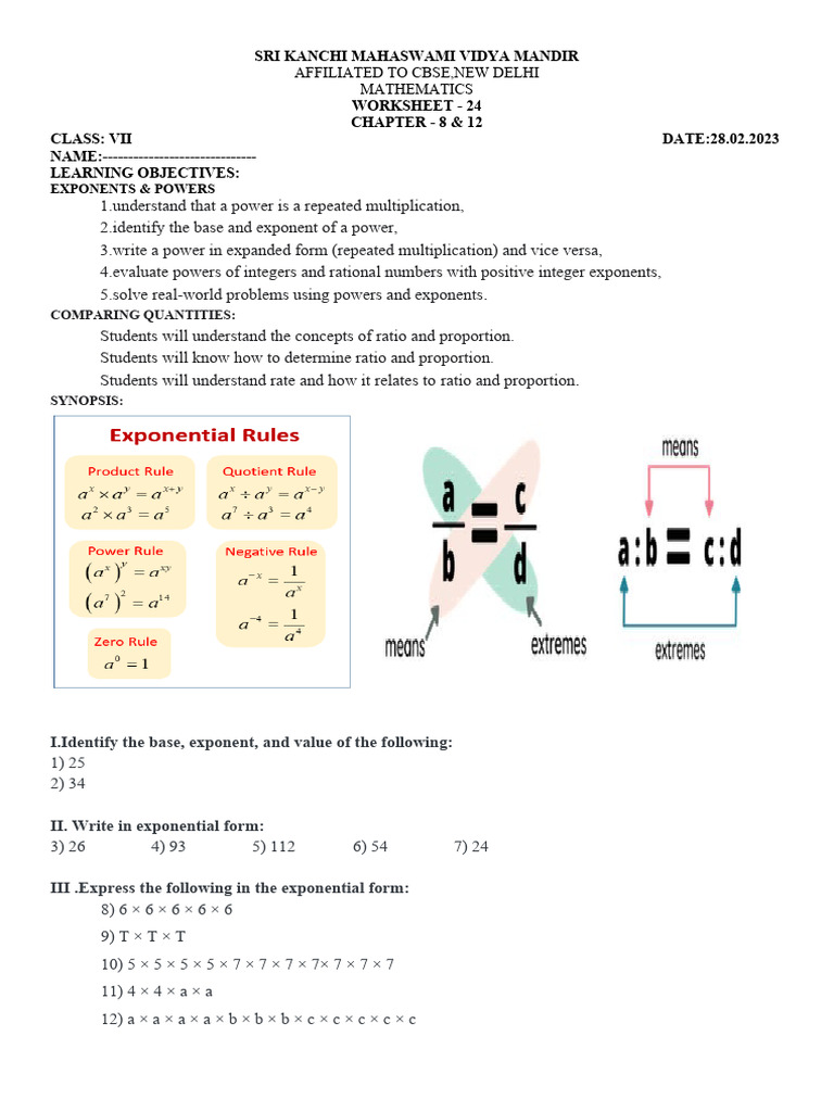 Maths class 7 worksheet(27.02.23)-updated (1) | PDF | Exponentiation ...