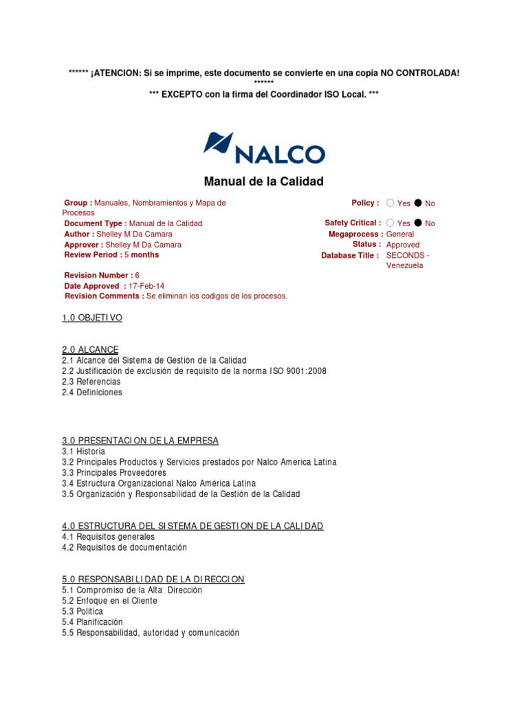 Manual de La Calidad-NALCO | PDF | Calidad (comercial) | Gestión de la calidad