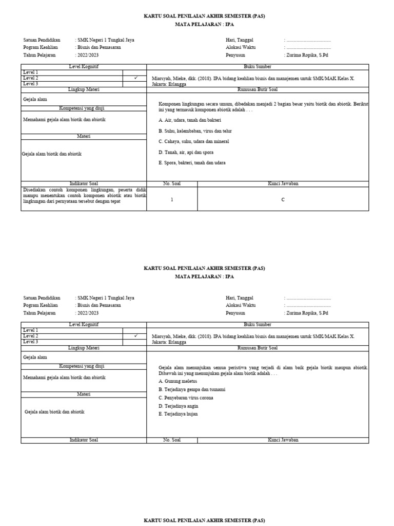 Kartu Soal Pat Ipa | PDF