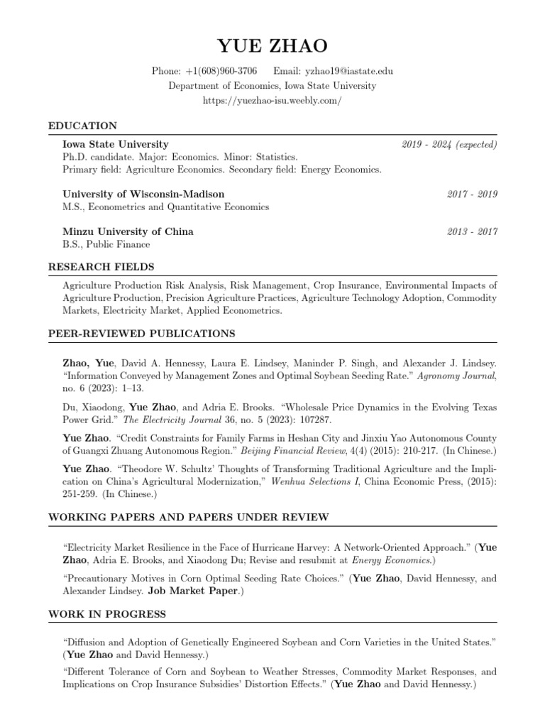 Yue Zhao CV | PDF | Agriculture | Economics