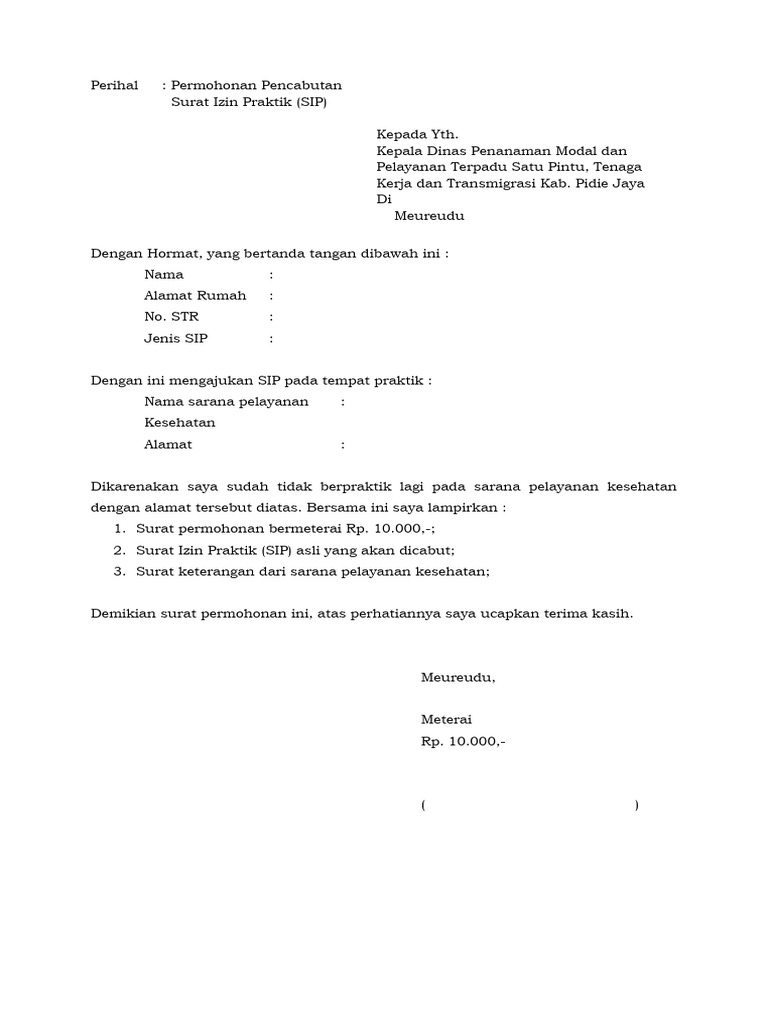 Permohonan Pencabutan SIP | PDF