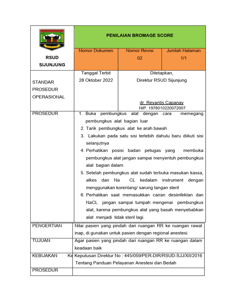SOP Penilaian BROMAGE Score | PDF