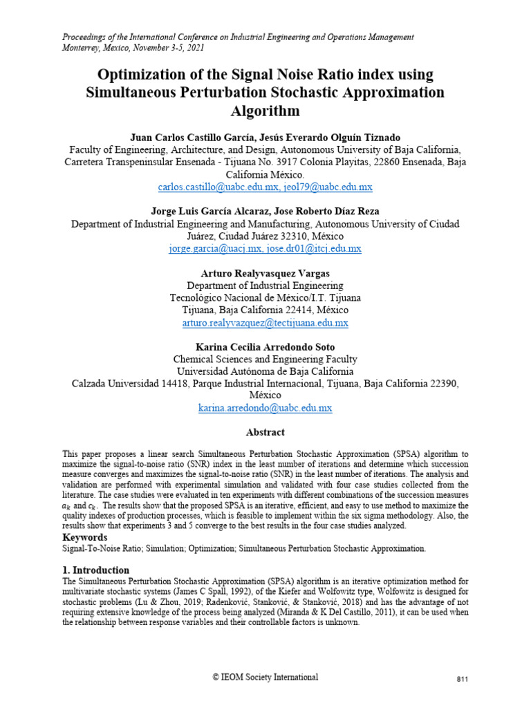Optimization Of The Signal Noise Ratio Index Using Simultaneous Perturbation Stochastic