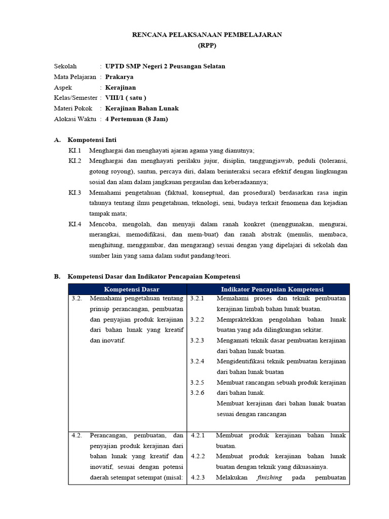 RPP Prakarya Kelas VIII Kerajinan Semester Ganjil | PDF | Karier & Perkembangan | Seni