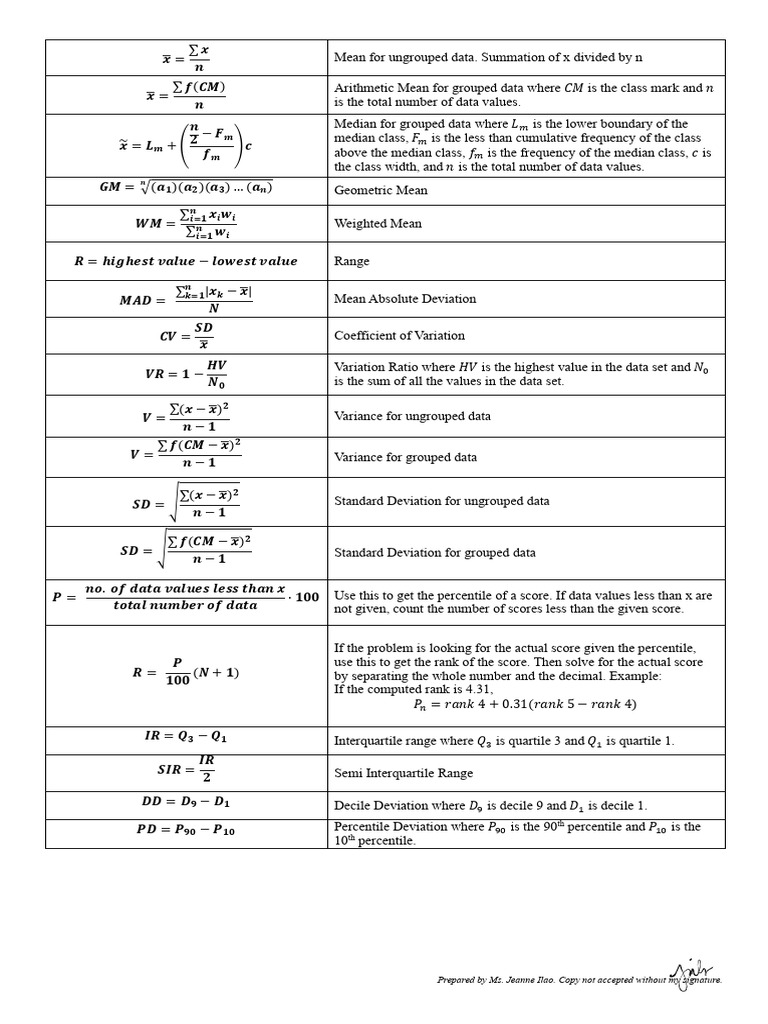 STAT 101 - Formulas | Download Free PDF | Mean | Percentile