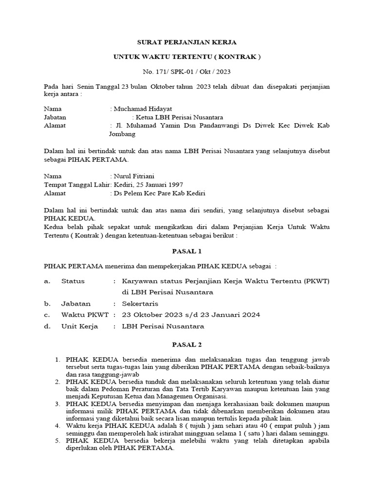 Contoh Format Surat Perjanjian Kontrak Kerja Untuk Waktu Tertentu | PDF