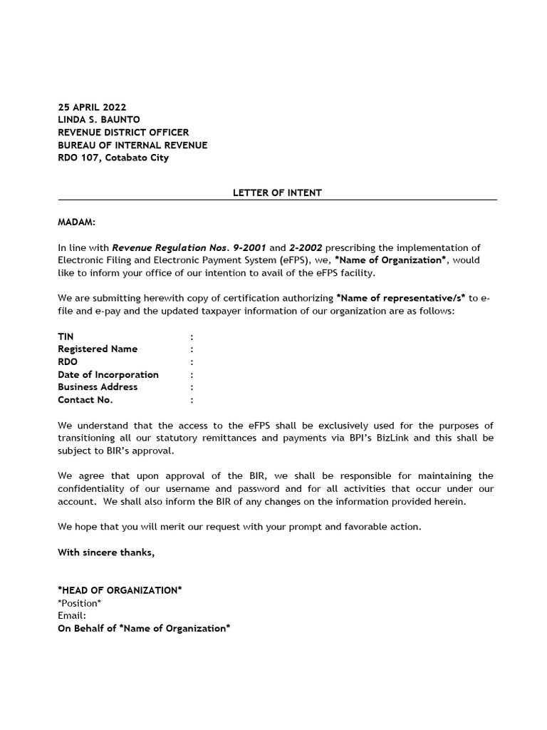 Letter of Intent To BIR For eFPS Enrolment | PDF | Business | Finance & Money Management