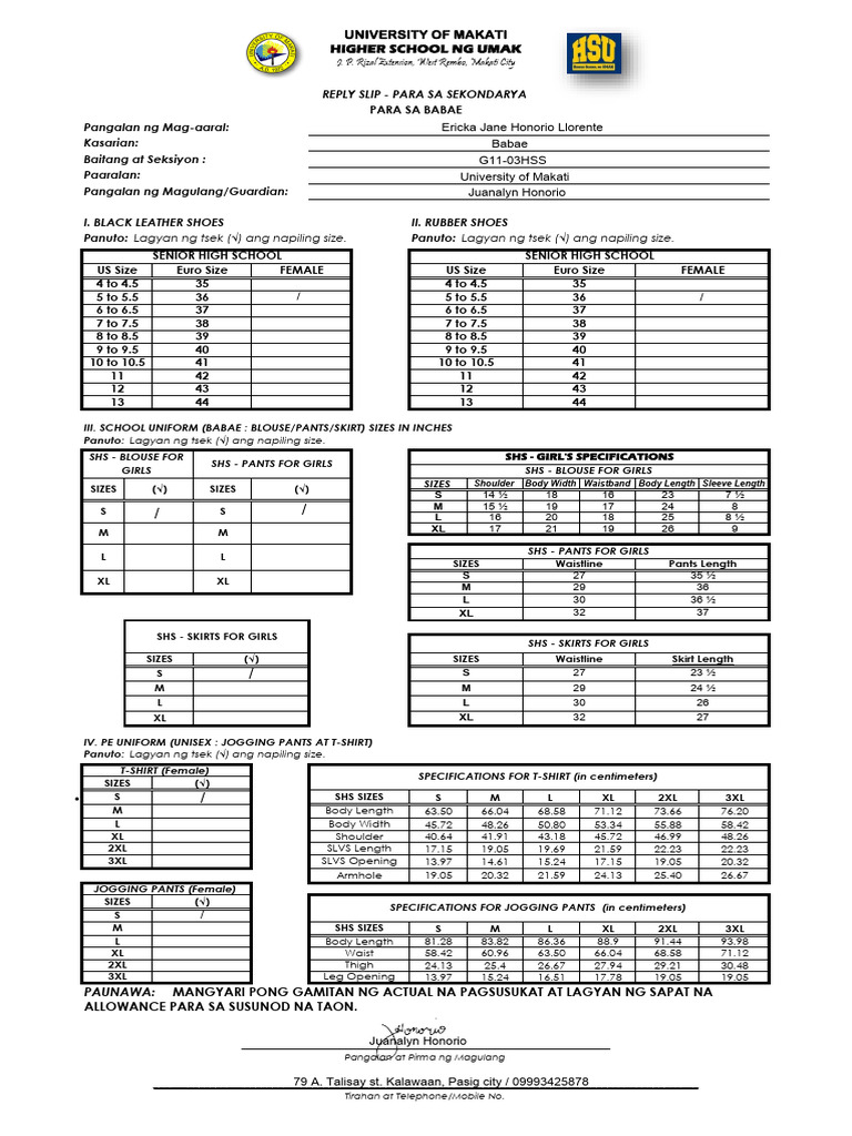 Llorente - Uniform Reply Slip 2021 2022 Female 1 | Download Free PDF ...
