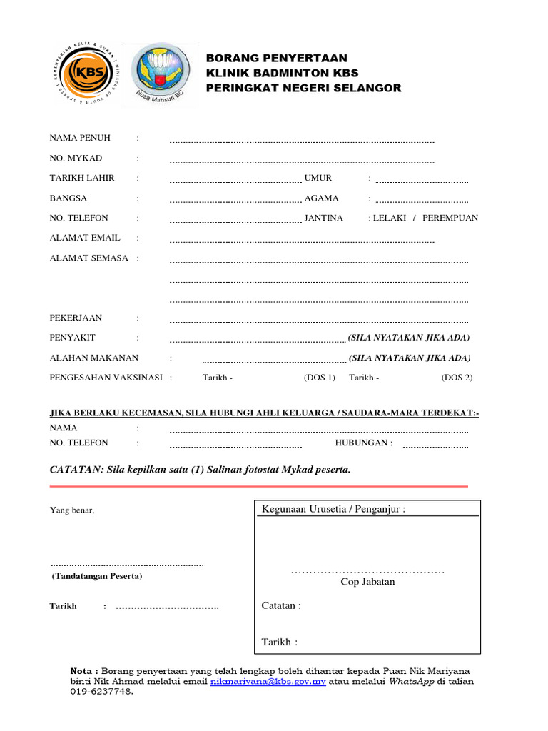 Borang Penyertaan Klinik Badminton Pdf