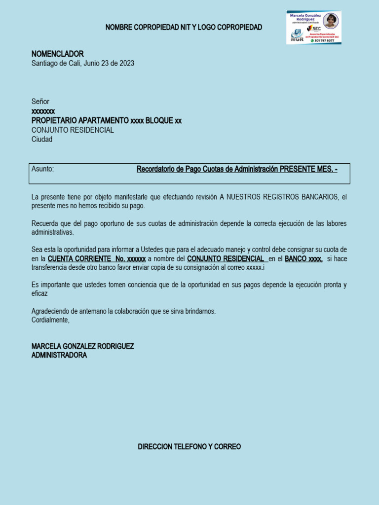 2 MODELO Recordatorio de Pago P.H. Presente Mes | PDF