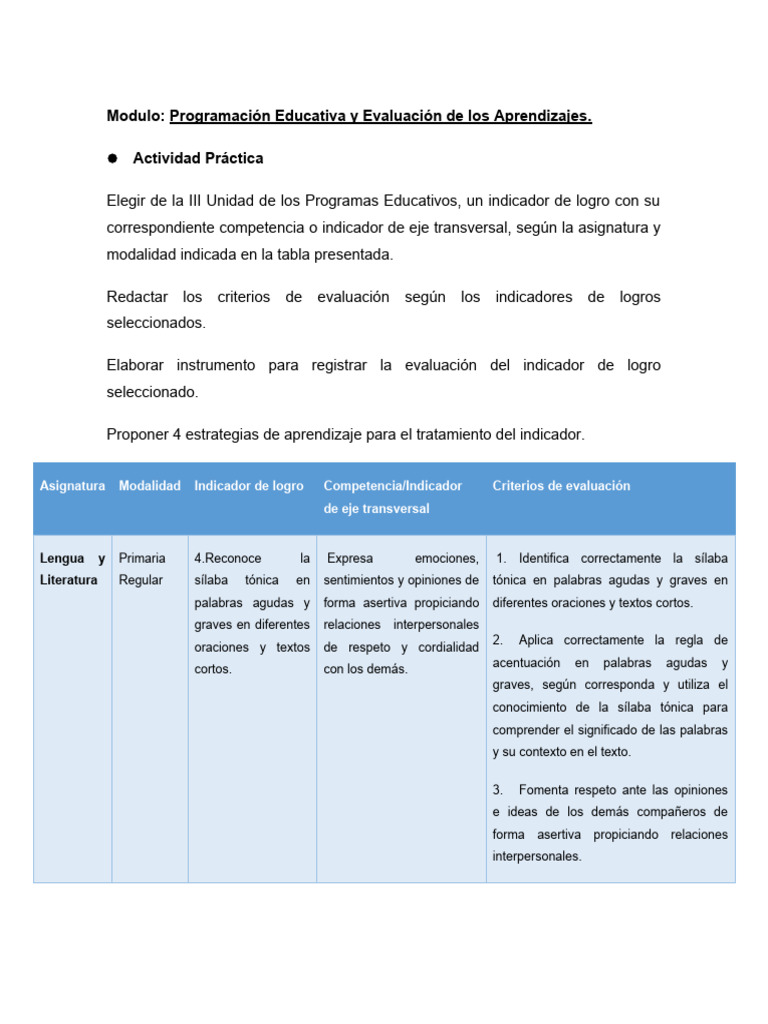TAREA Programacion Educativa y Evaluacion de Los Aprendizajes | PDF | Evaluación | Sílaba