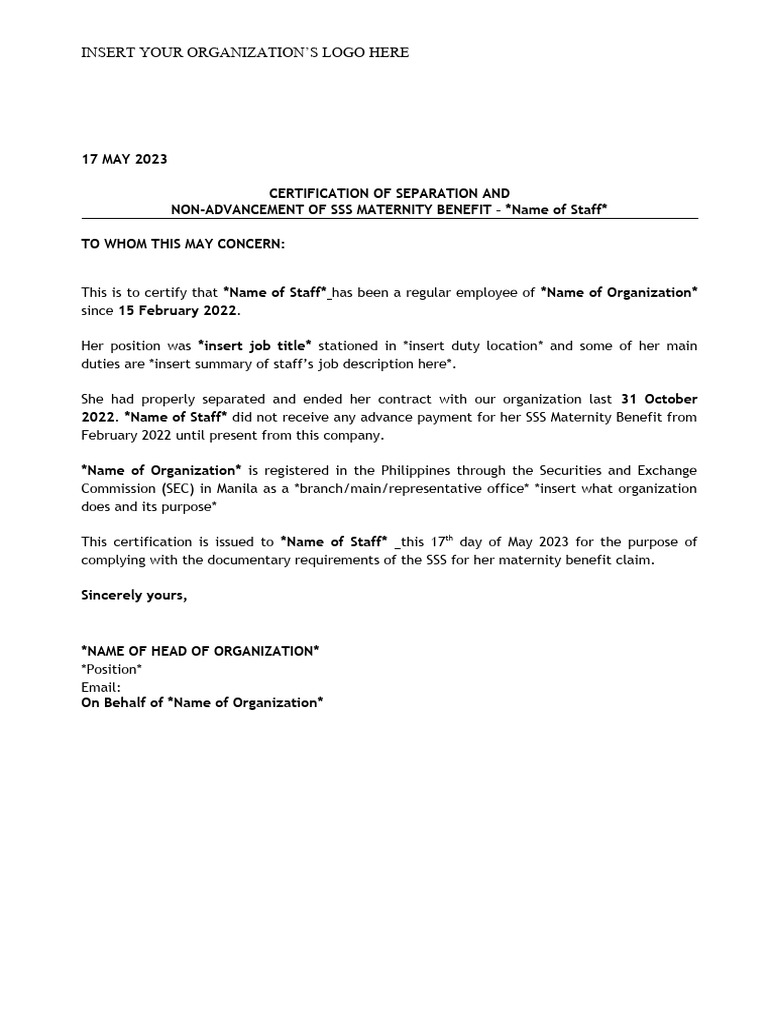 SSS Certification of Non-Advancement For Maternity Benefit | PDF ...