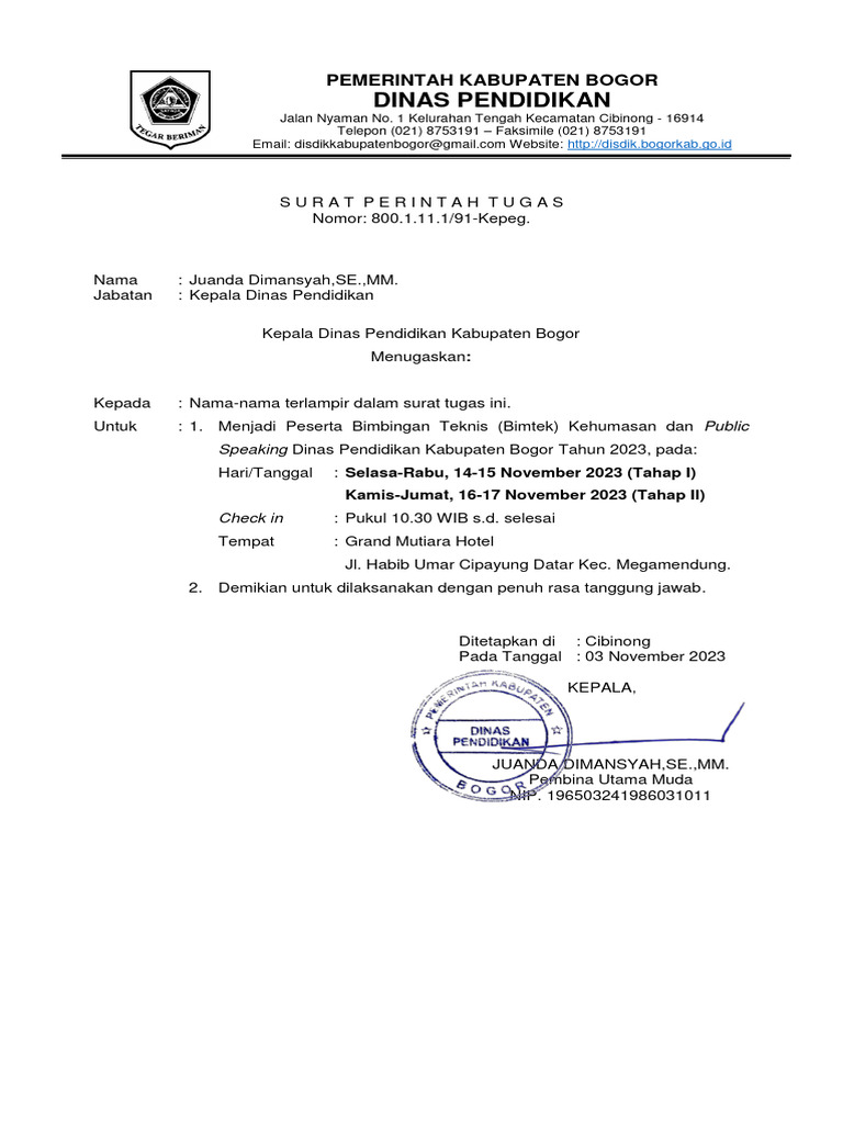 Surat Perintah Tugas Peserta Bimtek 14-17 Nov | PDF Surat Perintah Tugas Peserta Bimtek 14-17 Nov | PDF
