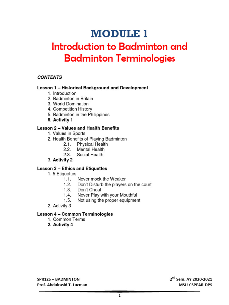 SPR125 - Badminton - Module 1 - Final | PDF