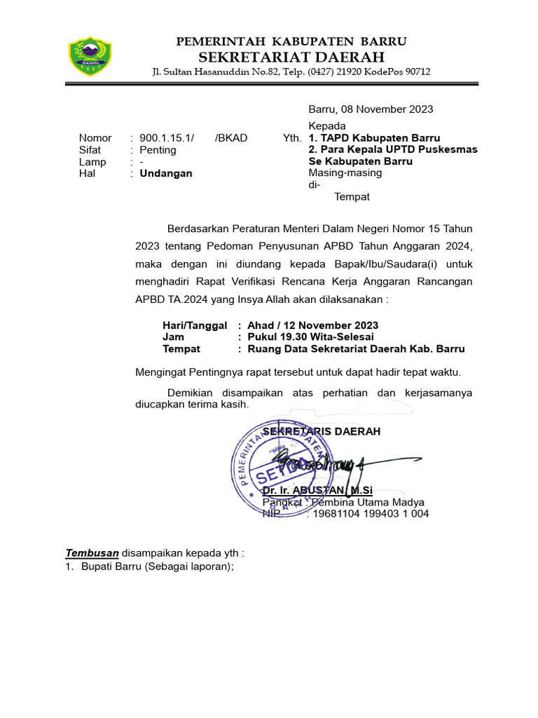 Surat Ke TAPD Dan SKPD Undangan Pembahasan Rancangan APBD TA 2024 12112023 PKM | PDF